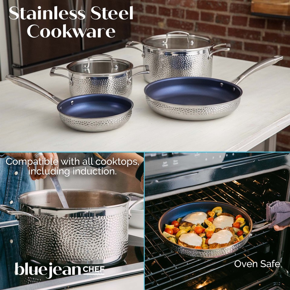 Blue Jean Chef 6-Piece Stainless Steel Cookware Set, Hammered Finish ...