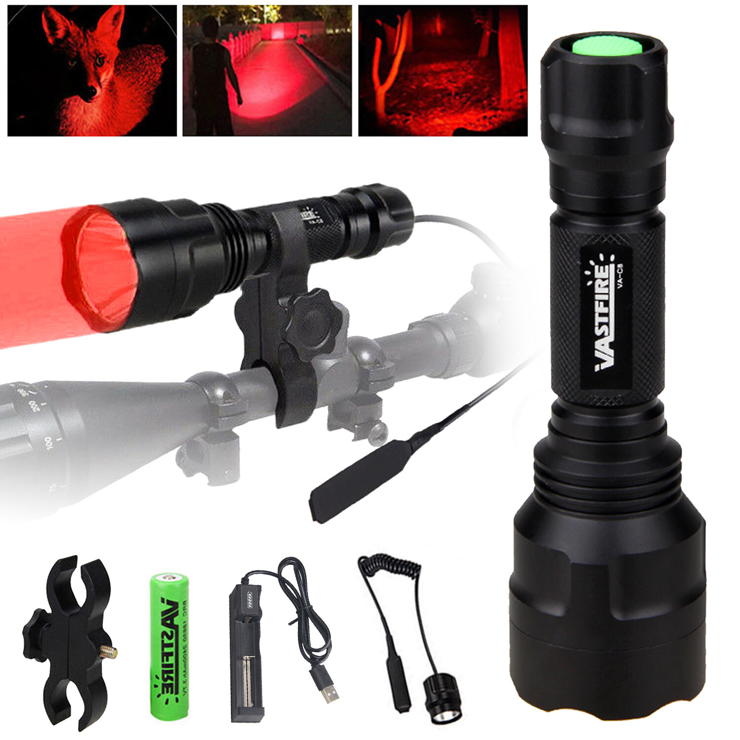 1000 Yard Red LED Hunting Light Predator Flashlight Torch Coyote Hog ...