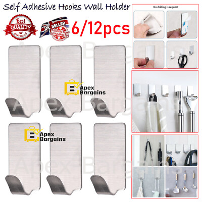 6/12pcs Self Adhesive Wall Sticky Hooks Strong Stainless Steel Door ...