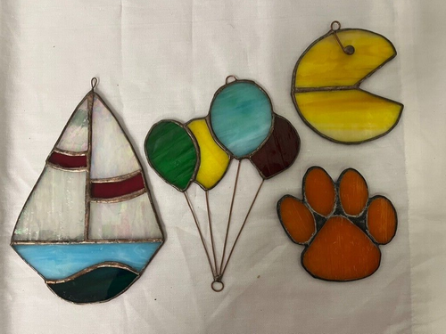 4 Stained Glass Sun Catchers Sailboat, Balloons, PacMan, Paw Print ...