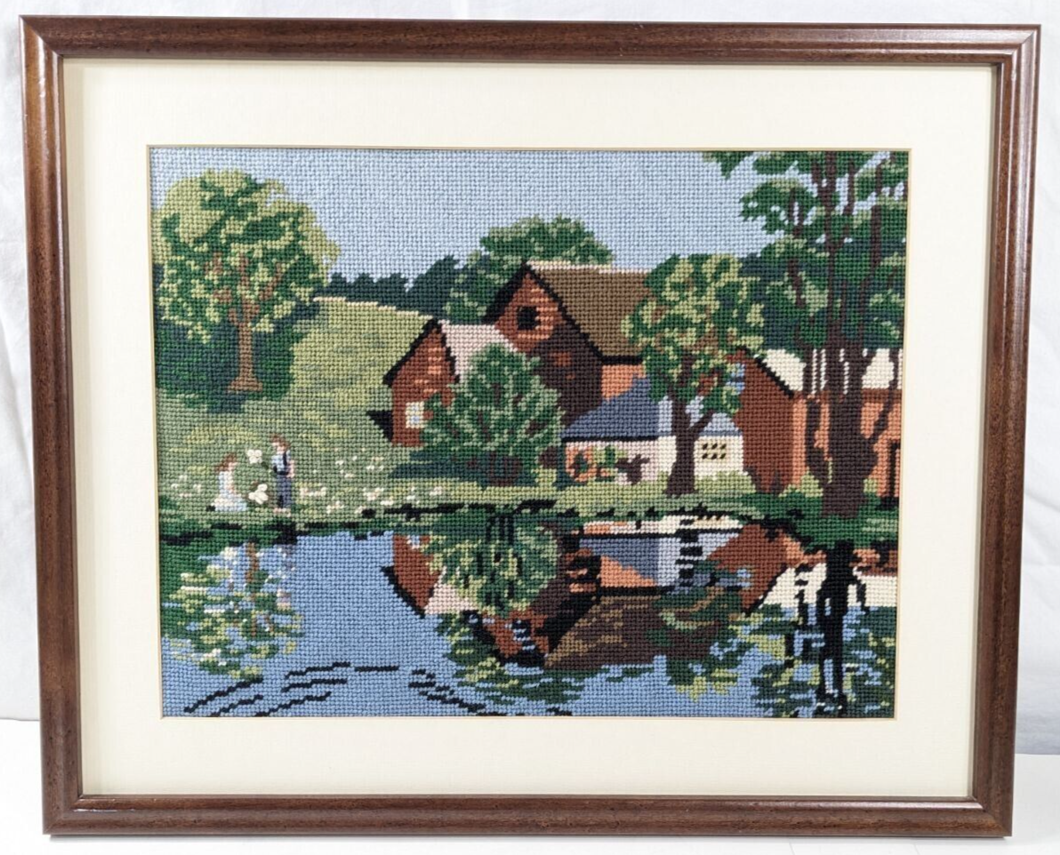 Vintage Hand Embroidered Needlepoint Country Scene W/ Pond ...