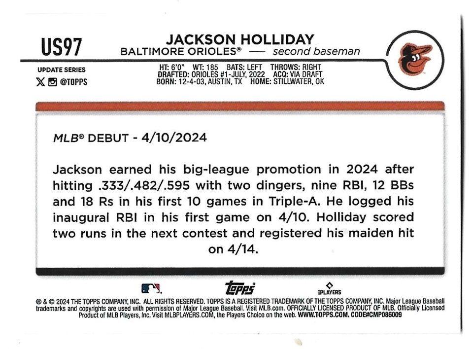 Jackson Holliday ROOKIE 2024 Topps Update Series Rookie Debut #US97 ...