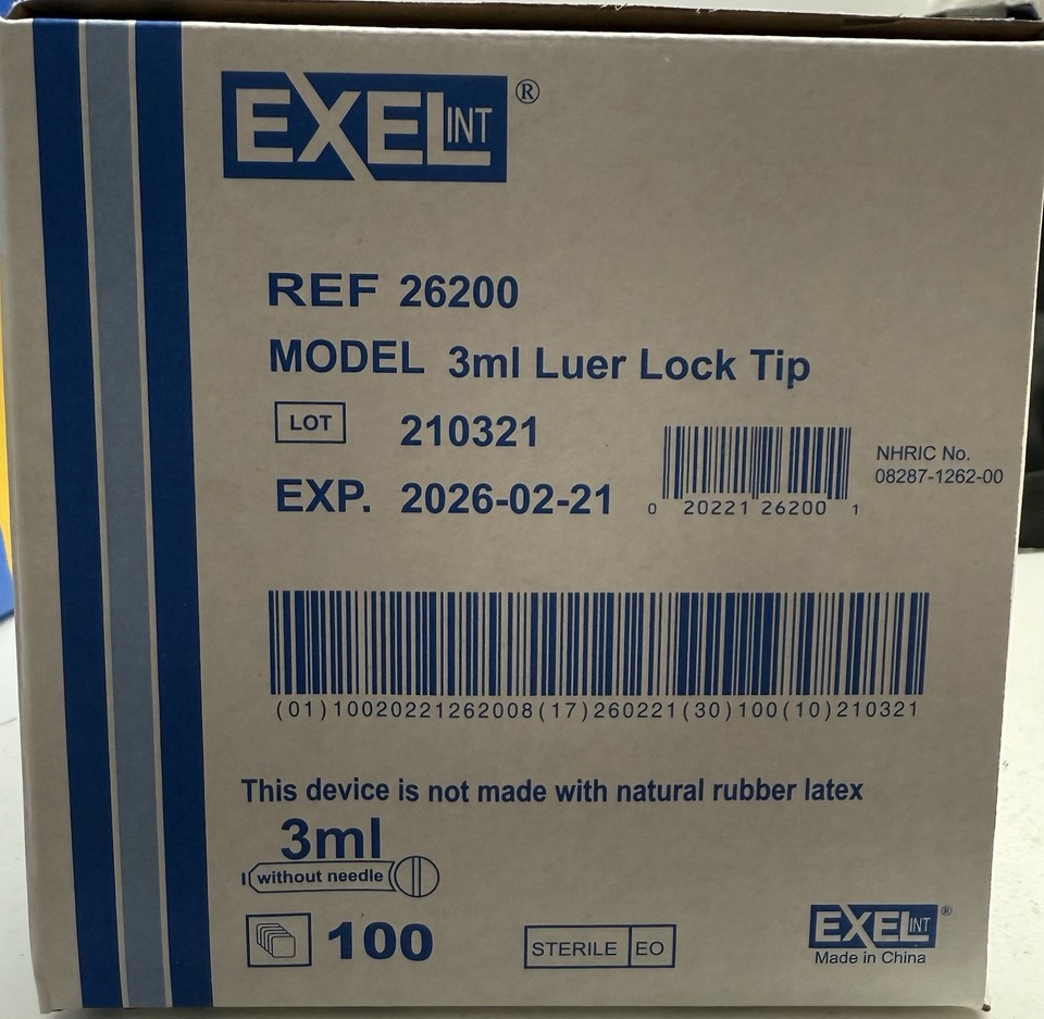 Exel 3ml (3cc) Luer Lock Syringe, 100/Box, 26200 | eBay