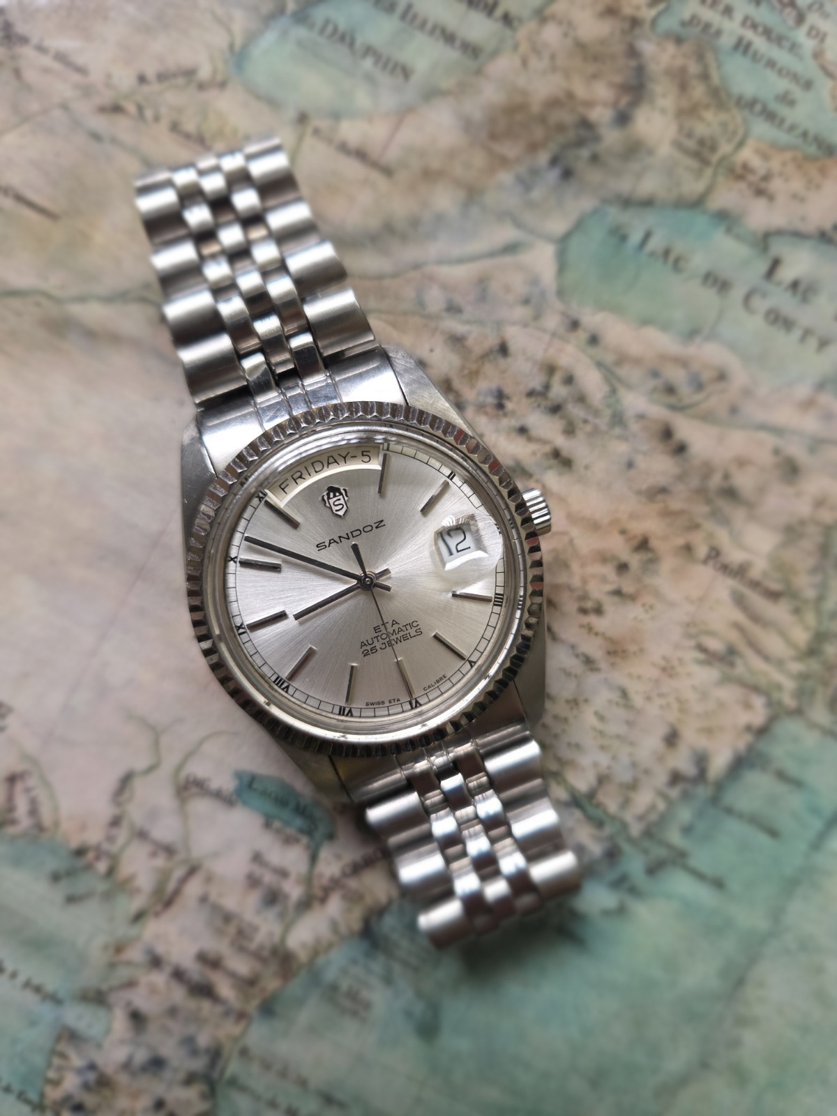 SANDOZ Automatic Men's 1970s Swiss Watch Day/Date ETA… - Gem