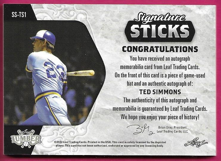 2022 Leaf Lumber Baseball TED SIMMONS Signature Sticks Bat Autograph 2/ ...