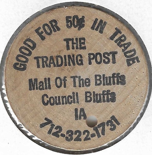 THE TRADING POST, Council Bluffs, Iowa, 50¢ Trade Token, Indian Wooden ...