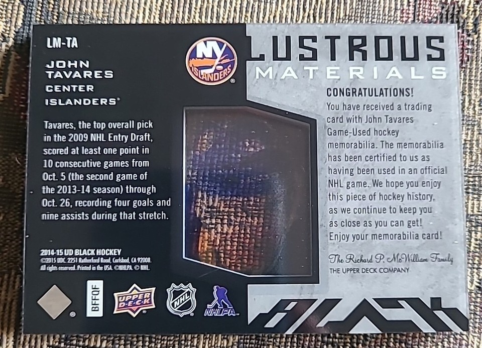2014-15 UD Black Lustrous Materials #LMTA John Tavares Dual Jersey | eBay