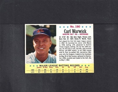 1963 POST SET BREAK #190 CARL WARWICK-3--COLT 45'S--NO CREASES--EX/EX ...