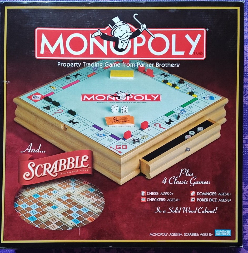 Retro MONOPOLY SCRABBLE Wood Board Set + 4 classic games Checkers Chess ...