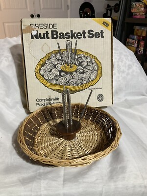 Fireside Nut WickerBasket Set Vintage With Picks And Nutcracker In ...