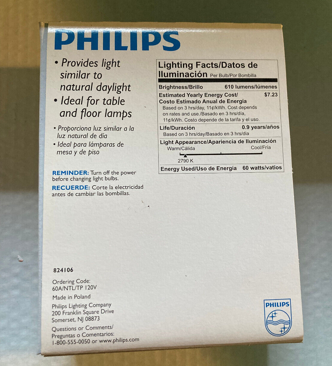 4 Philips Natural Light 60W A19 Bulbs Made in Poland -Incan