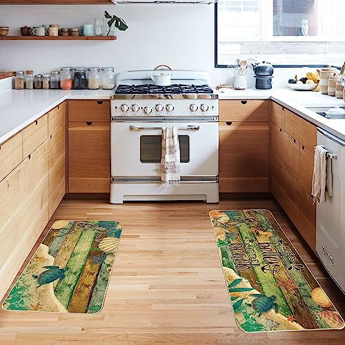 Beach Kitchen Mats Set of 2 Nautical Kitchen Decor Rugs Blue Anchor ...
