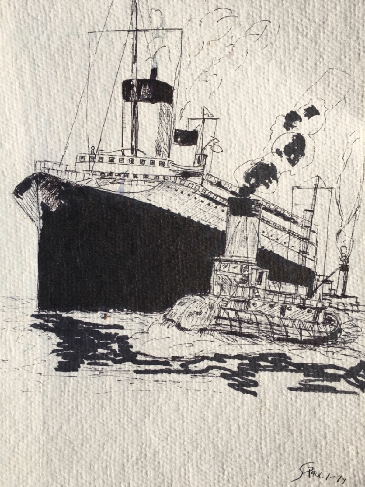 A cruise ship with a tug boat . Original ink drawing | eBay