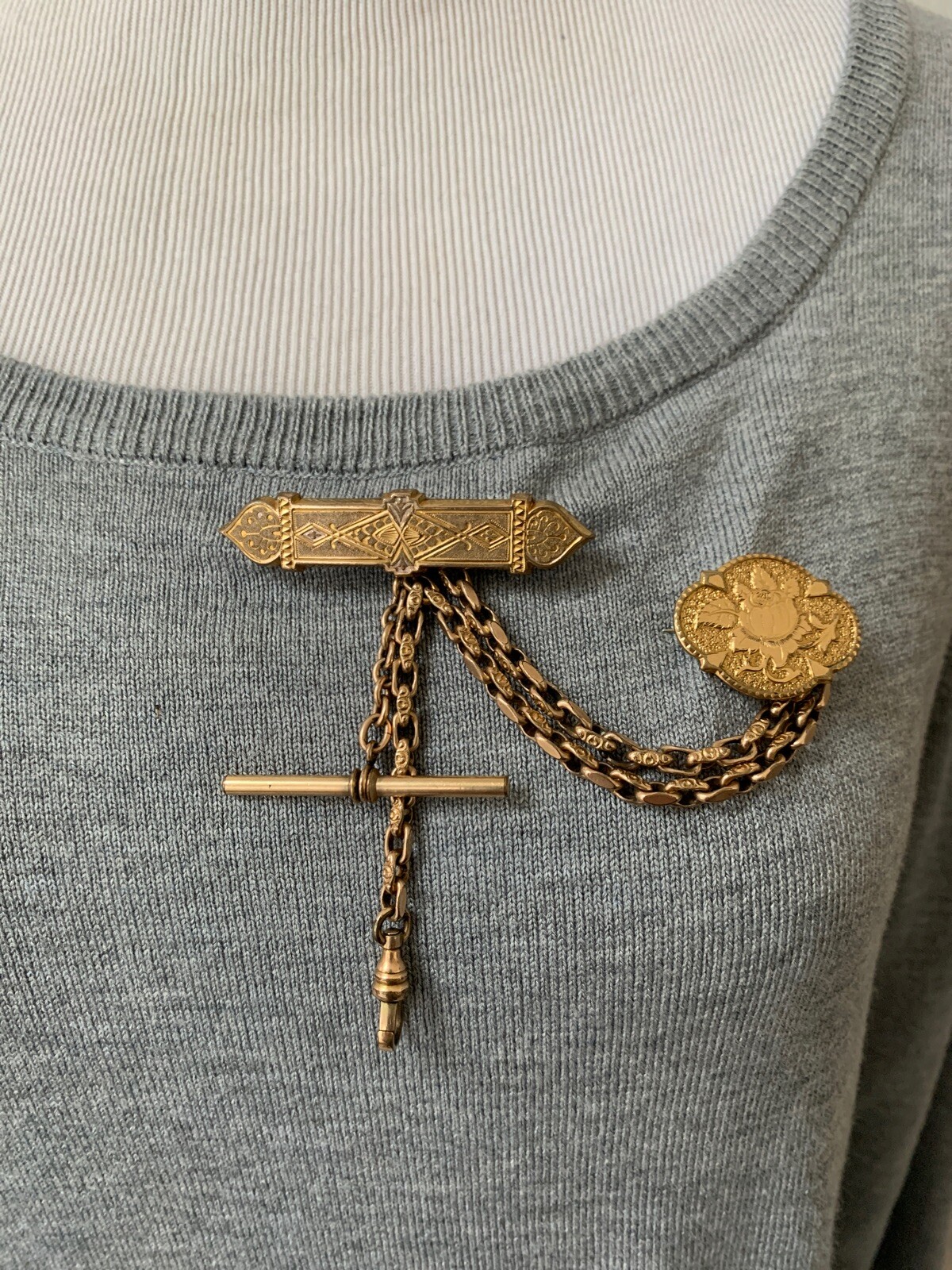 Rare Antique Chatelaine Victorian Watch Chain Pins Br… - Gem