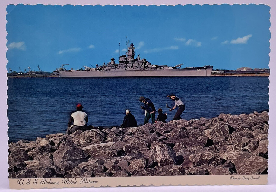 USS Alabama Battleship, Broadside View, Fishermen, Mobile AL, Vintage ...