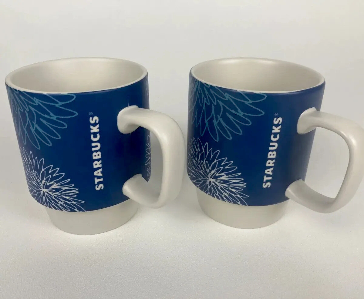 Starbucks Mugs 2016 Matte Blue Flowers Mums Stackable Ceramic 12oz SET ...