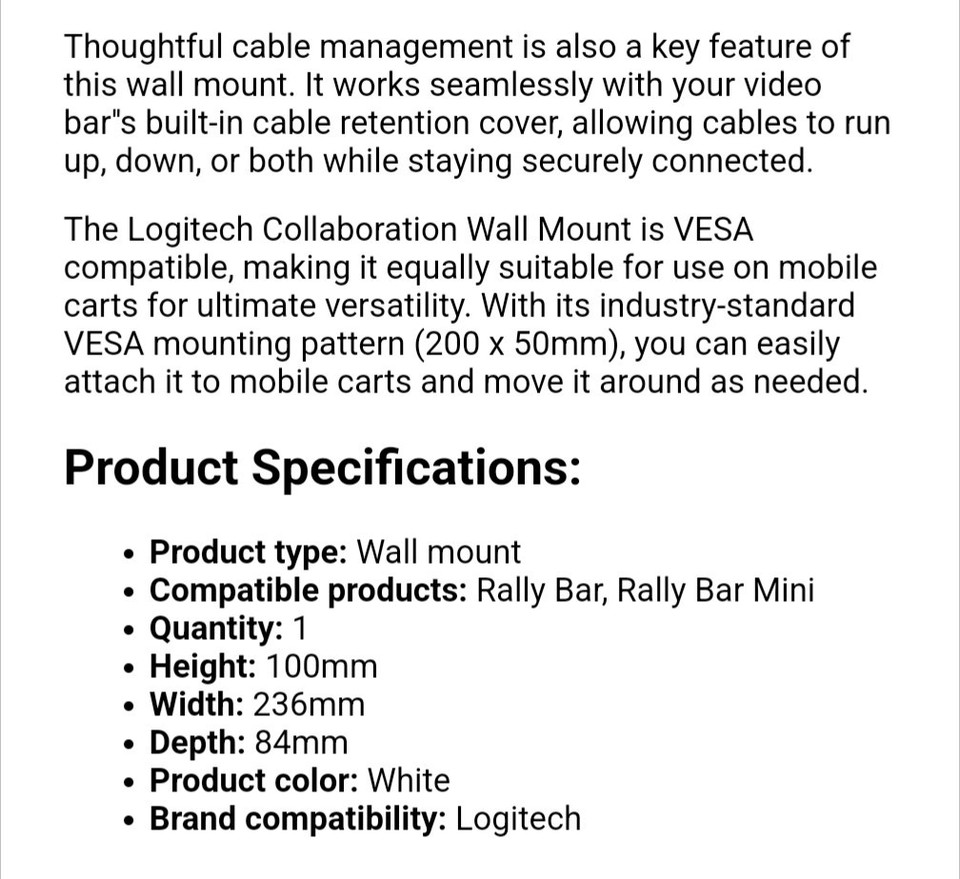 LOGITECH 952-000044 Wall Mount For Video Conferencing System Silver ...