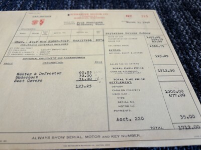 Vtg 1949 Chevrolet New Auto Dealer Sales Receipt Car Dealership Invoice ...