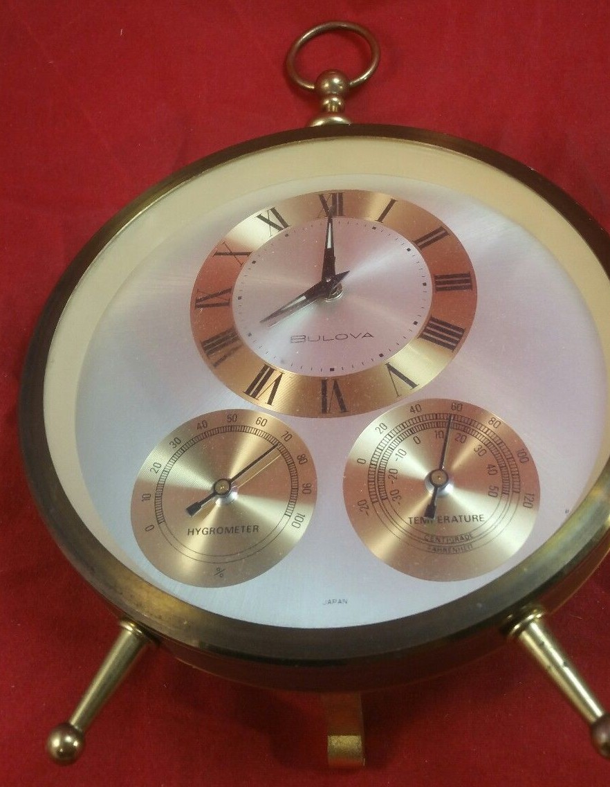 Vintage BULOVA Weather Station Wind Up Alarm Clock Hygrometer ...