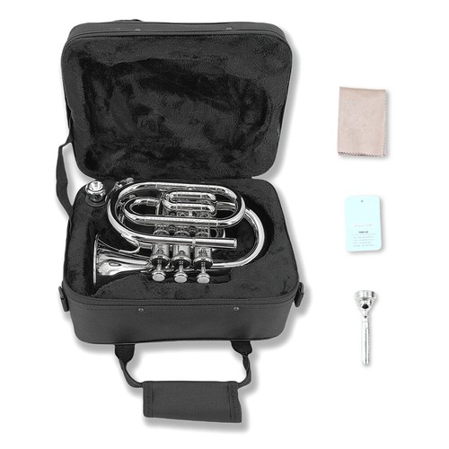 Bb Brass Pocket Trumpet with Case,Mouthpiece, Cleaning Cloth Musical ...