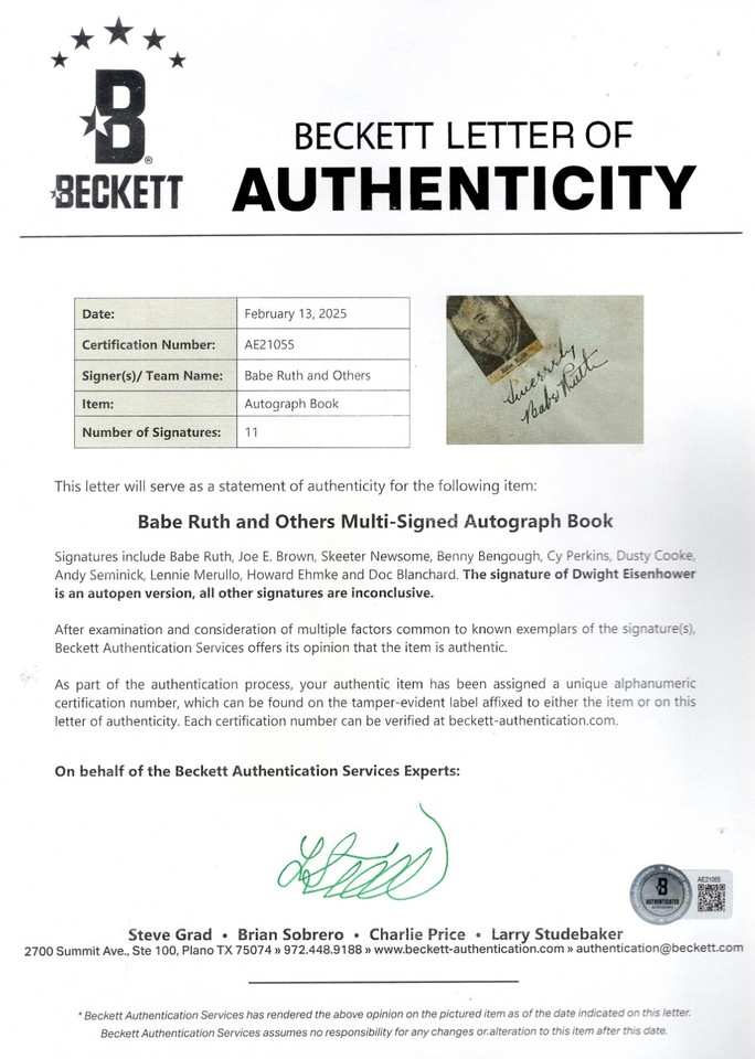 BABE RUTH SIGNED BECKETT CERTIFIED AUTHENTIC AUTOGRAPH ALBUM BOOK HOF ...