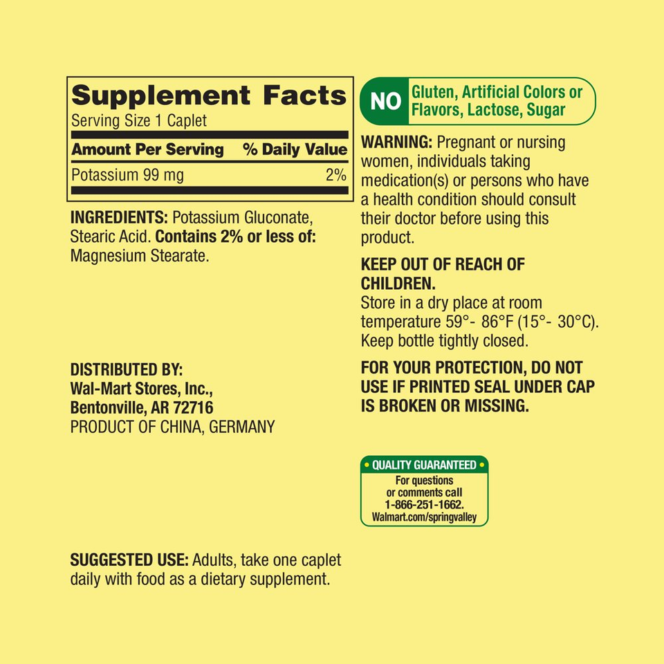 Spring Valley Potassium Caplets Dietary Supplement Value Size, 99 mg ...