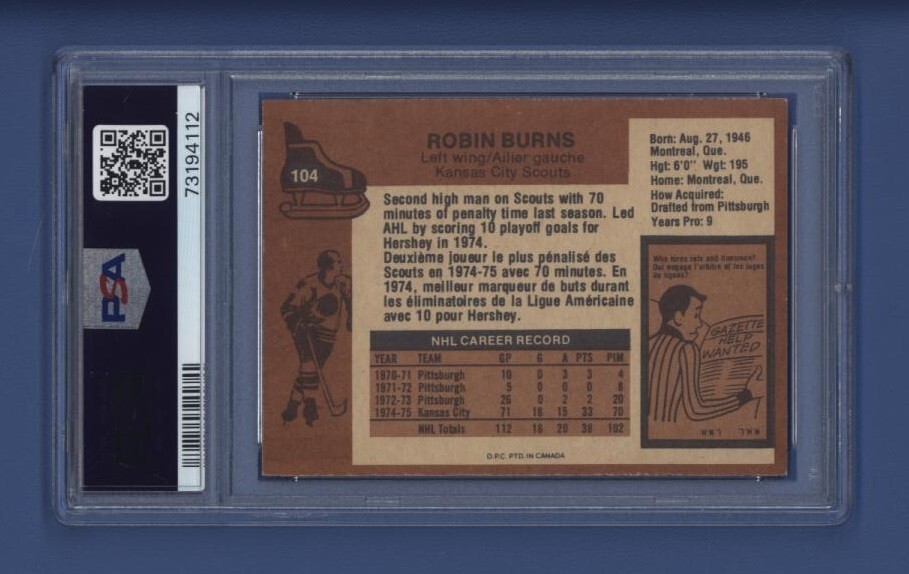 1975-76 OPC #104 ROBIN BURNS (rc) PSA 8 NM-MT Kansas City Scouts ...