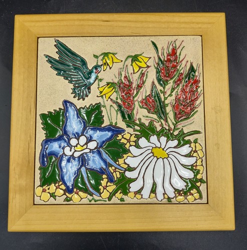 Vtg Framed Arts Crafts Style Art Pottery Tile Wild Flowers Hummingbird ...