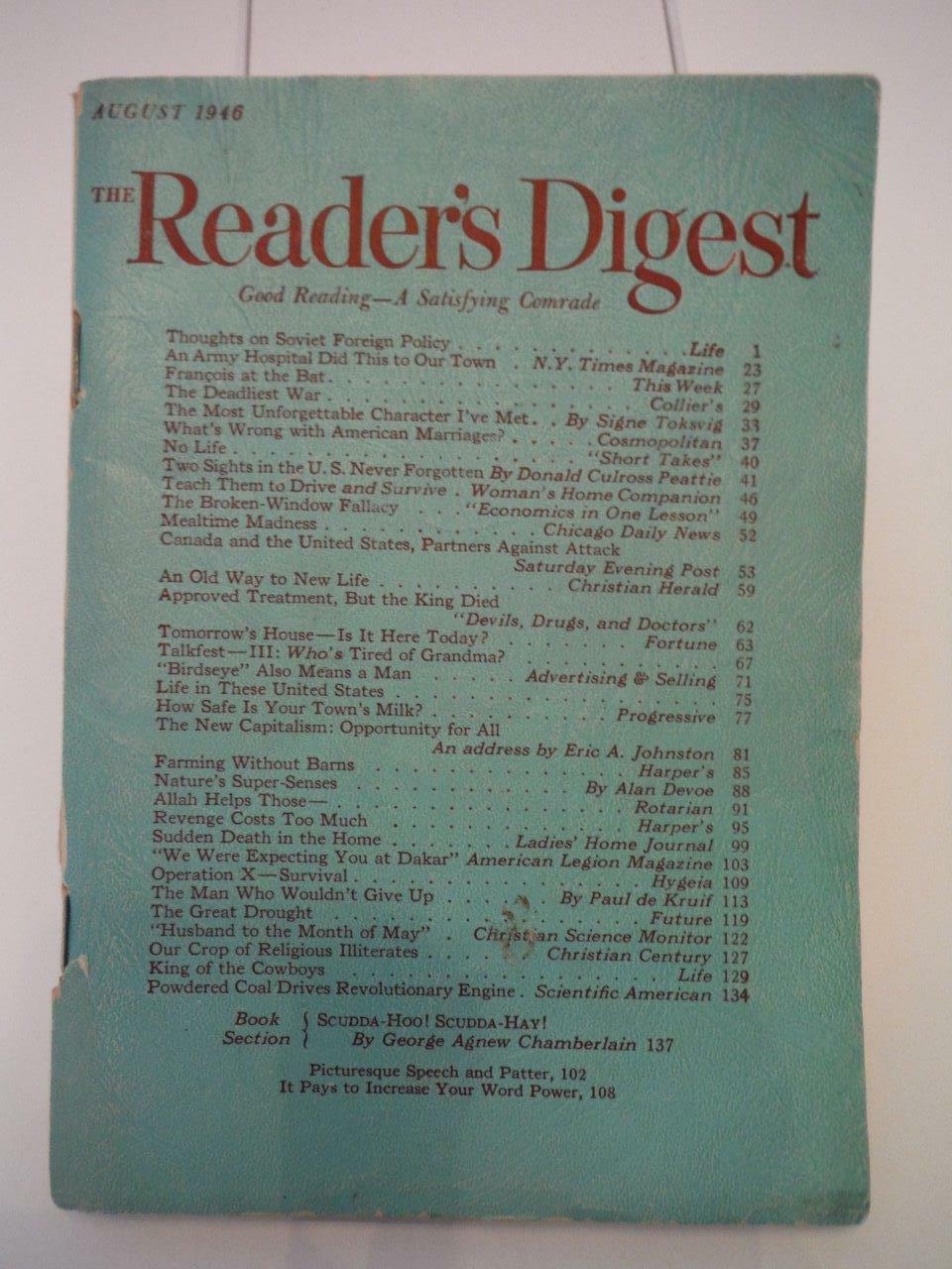 Vintage Reader's Digest August 1946, Henry Hazlitt, Alan Devoe, Paul de ...