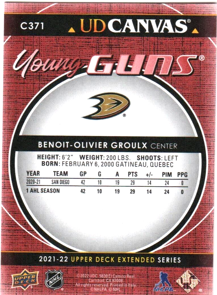 BENOIT-OLIVIER GROULX RC 21-22 UPPER DECK YOUNG GUNS UD CANVAS ROOKIE ...