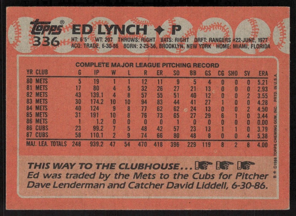1988 Topps #336 Ed Lynch Chicago Cubs | eBay
