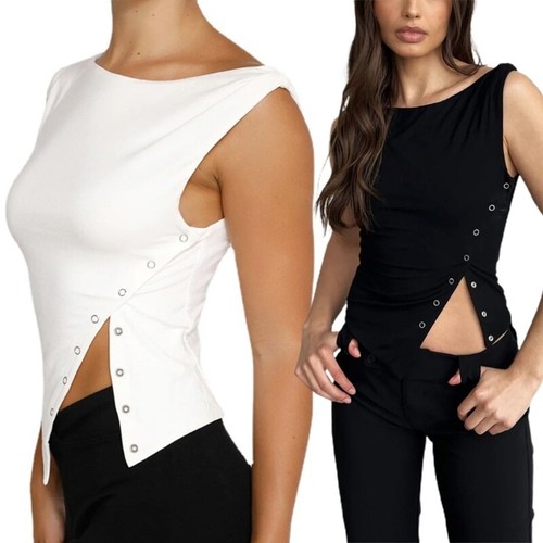 Lady One Shoulder Cami Tops Women Side Split Tanks Top Summer ...