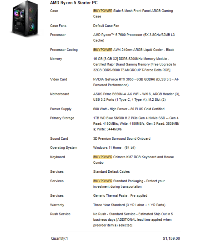 IBuypower Gaming PC-RTX 3050,AMD Ryzen 5 7600, 1TB SSD, 32gb RAM ...