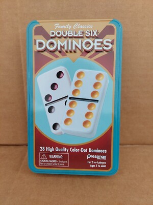 Pressman-Dominoes-Double Six Color Dot in Metal Tin-Family Classic New ...
