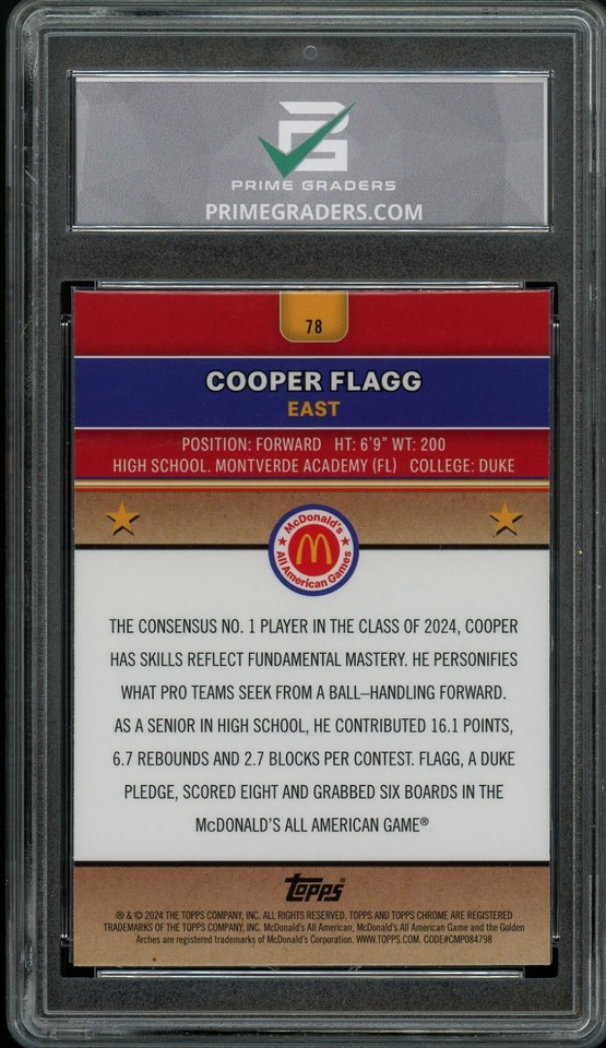 Cooper Flagg 2024 Topps Chrome Graded 10 Rookie Card RC #78 Duke Blue ...