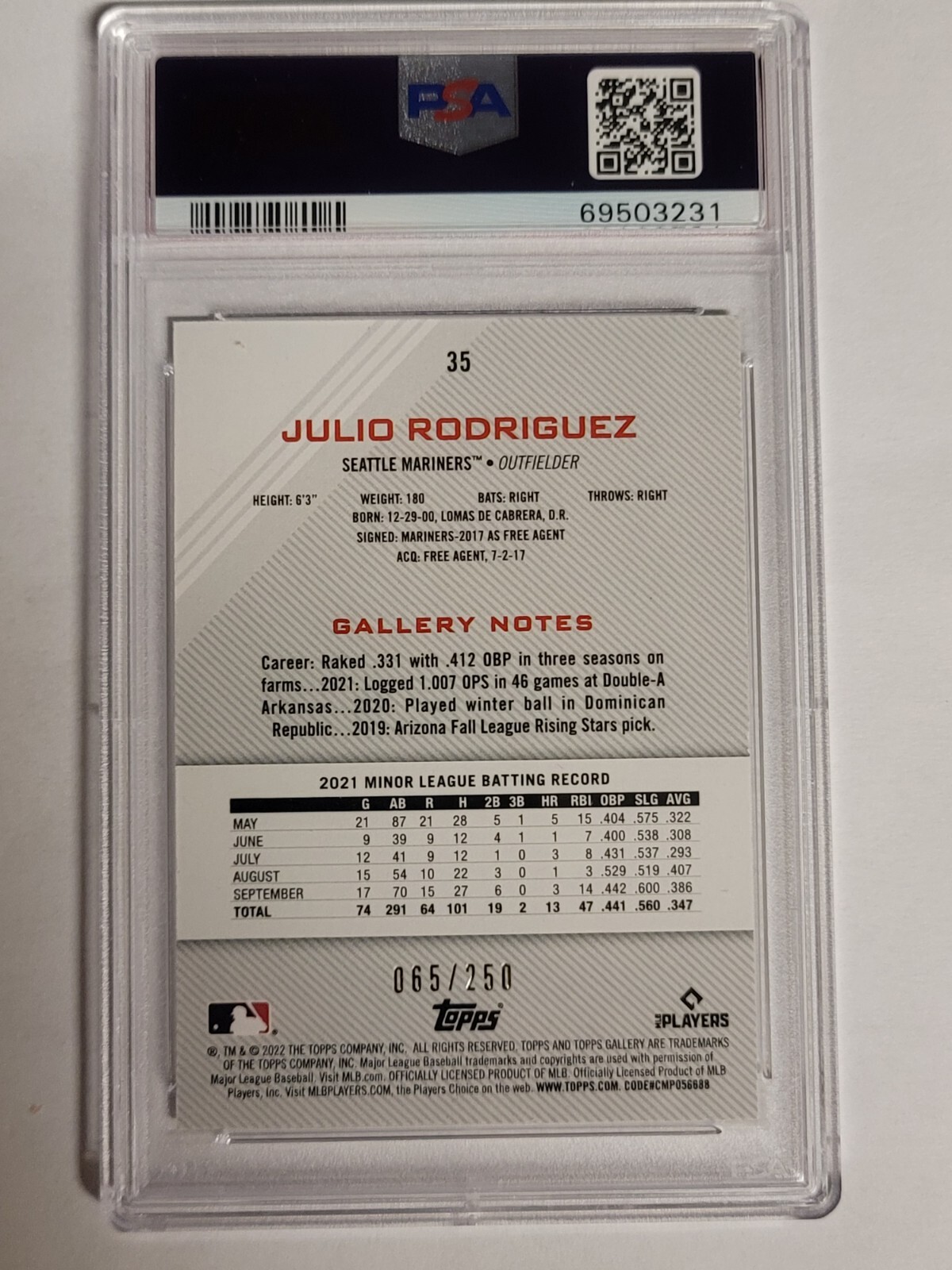 2022 Topps Gallery JULIO RODRIGUEZ RC/250 PRIVATE ISSUE SSP PSA 9 POP 4 ...