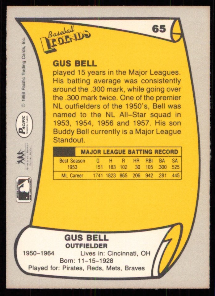 1988 Pacific Legends I Gus Bell New York Mets #65 | eBay