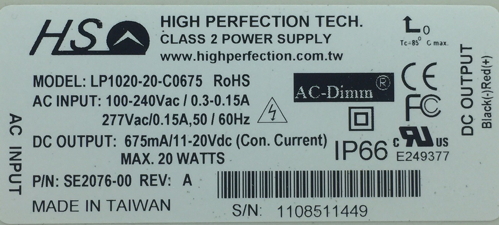 High Perfection LP1020-20 Class 2 LED Power Supply 11-20 VDC 20Watt UL ...