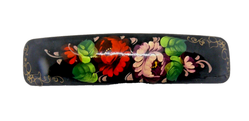 Vtg Hand Painted Floral Russian Barrette Hair Clip Wooden Black Lacquer ...