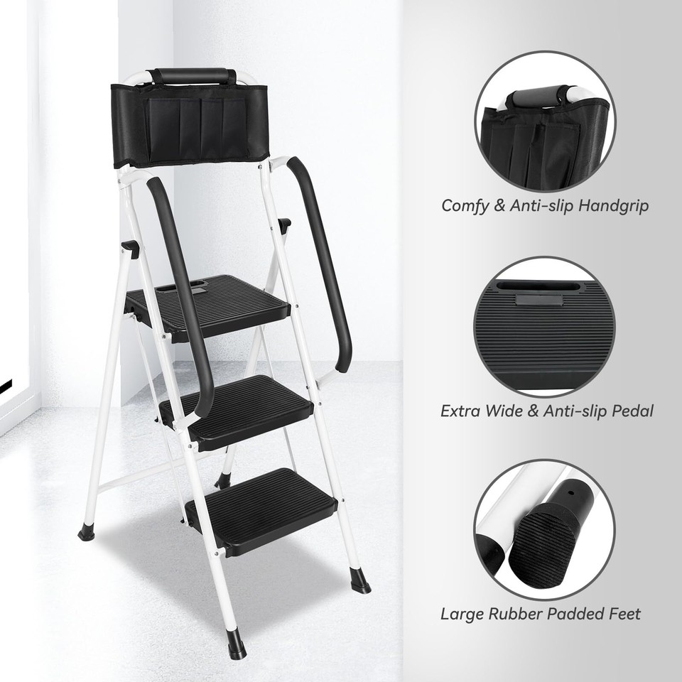 3 Step Ladder Handrails 500 lbs Folding Step Stool Ladder, Wide Non ...