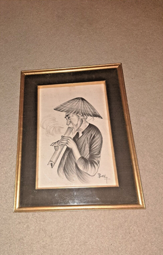 SIGNED VIETNAMESE ARTIST BEKY DRAWING OF OLD MAN SMOKING PIPE DONE ON ...