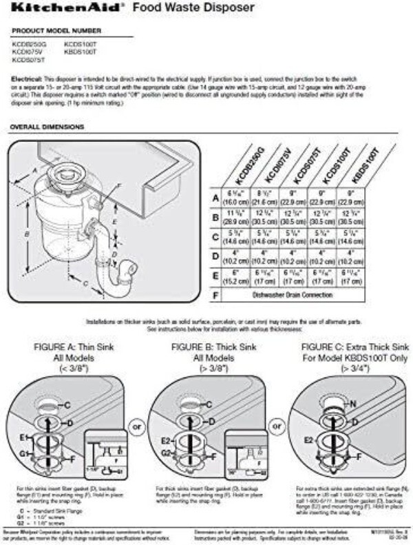 Kitchen Aid (84211643) KCDB250G 1/2 HP Continuous Feed Garbage Disposal ...