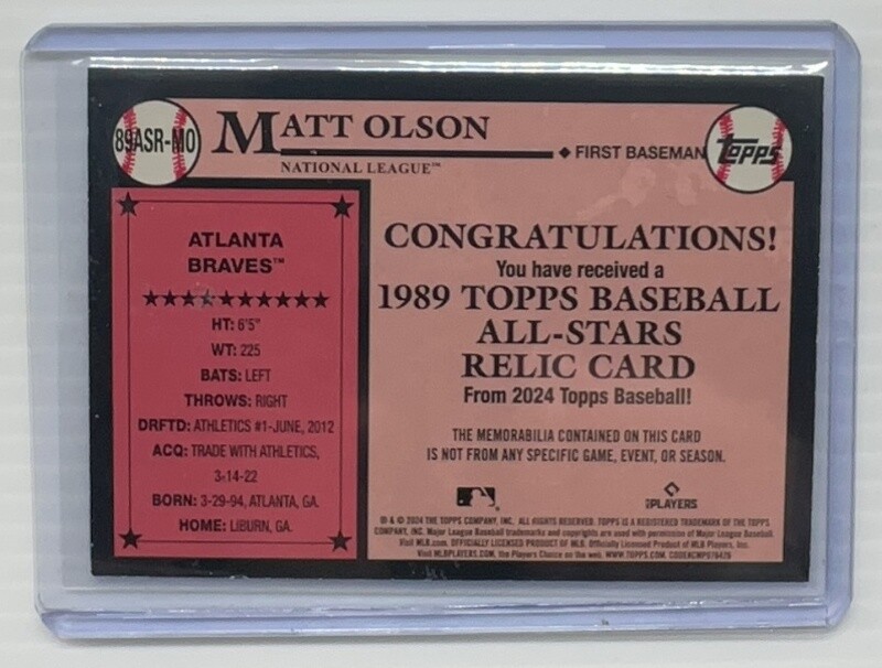 2024 Topps Matt Olson 1989 All Star Black Game Used Bat #45/199 Braves ...
