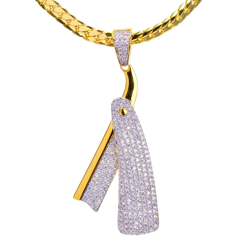 Men's Gold Tone Barber Razor Pendant 20" Miami Cuban Chain Necklace BCH ...