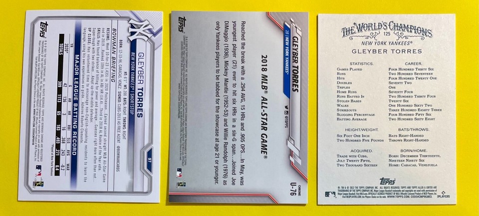 GLEYBER TORRES New York Yankees 3-Card Lot, Star Second Baseman ...