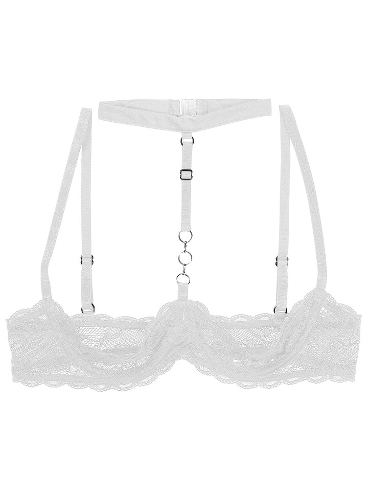 Women's Lace Sheer 1/4 Cup Bra Halter Unlined Underwire Open Cup Shelf ...