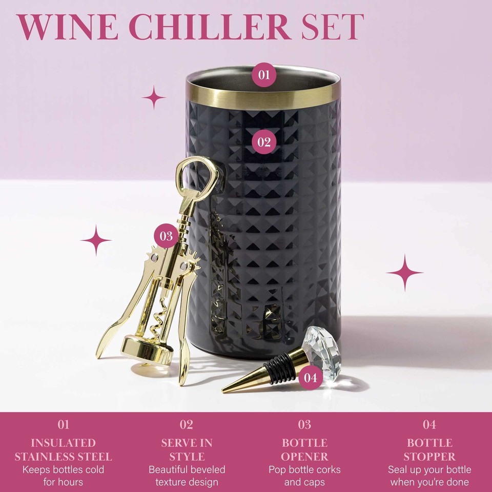 Wine Bottle Chiller Set Insulated Double Wall Chiller Gold Winged ...