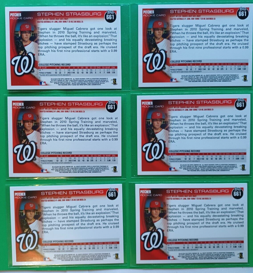 LOT OF 6 2010 TOPPS FACTORY SET VERSION STEPHEN STRASBURG #661 ROOKE ...