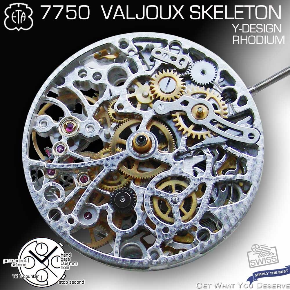 MOVEMENT ETA VALJOUX 7750, AUTOMATIC CHRONOGRAPH, SKELETON, RHODIUM ...