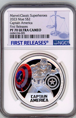 Marvel Captain America Colored Shield 1oz Silver Coin 2023 Niue NGC 70 ...